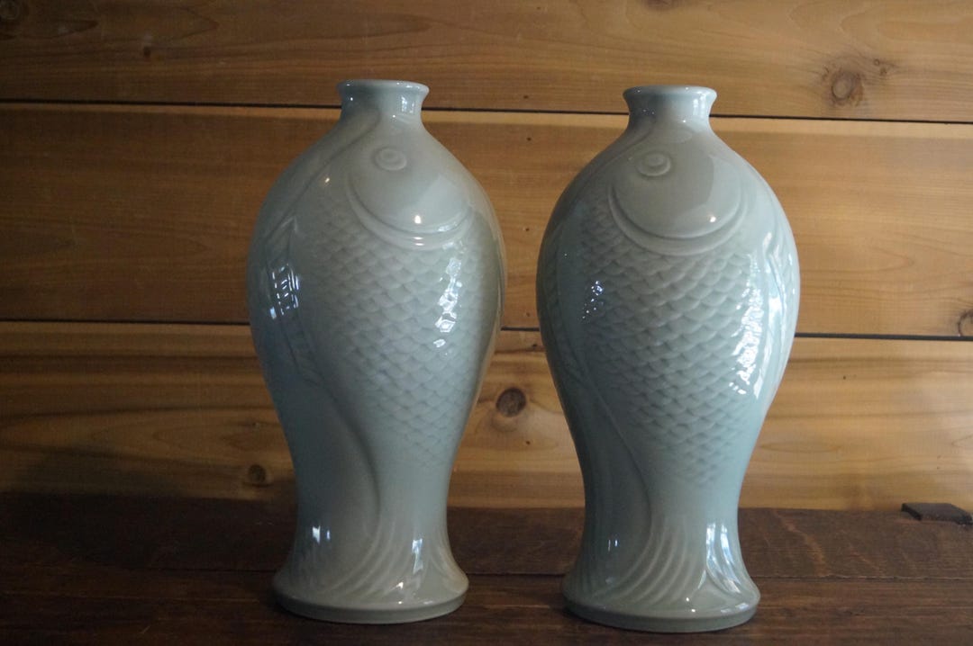 Chinese Celadon Fish Vases - A Pair - Etsy