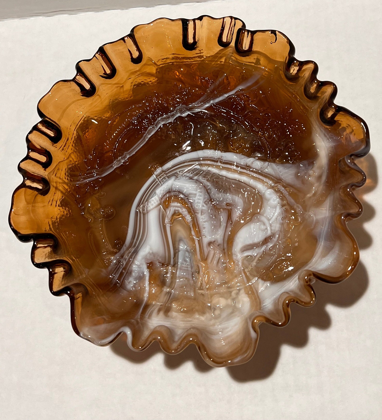 Vintage Caramel and White Slag Glass 8" Ruffled Bowl - Windmill Pattern ...