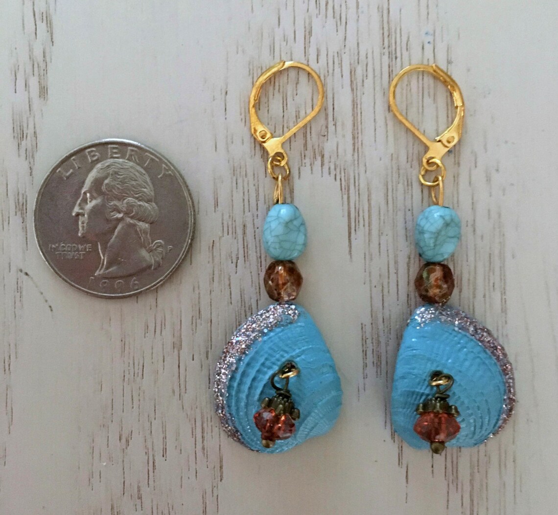 Sea Blue Seashell Earrings With Copper Charms and Optional - Etsy