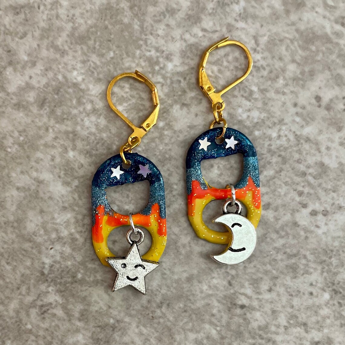 Moon and Star Soda Pop Tab Earrings: Celestial, Hand Painted, Charms - Etsy