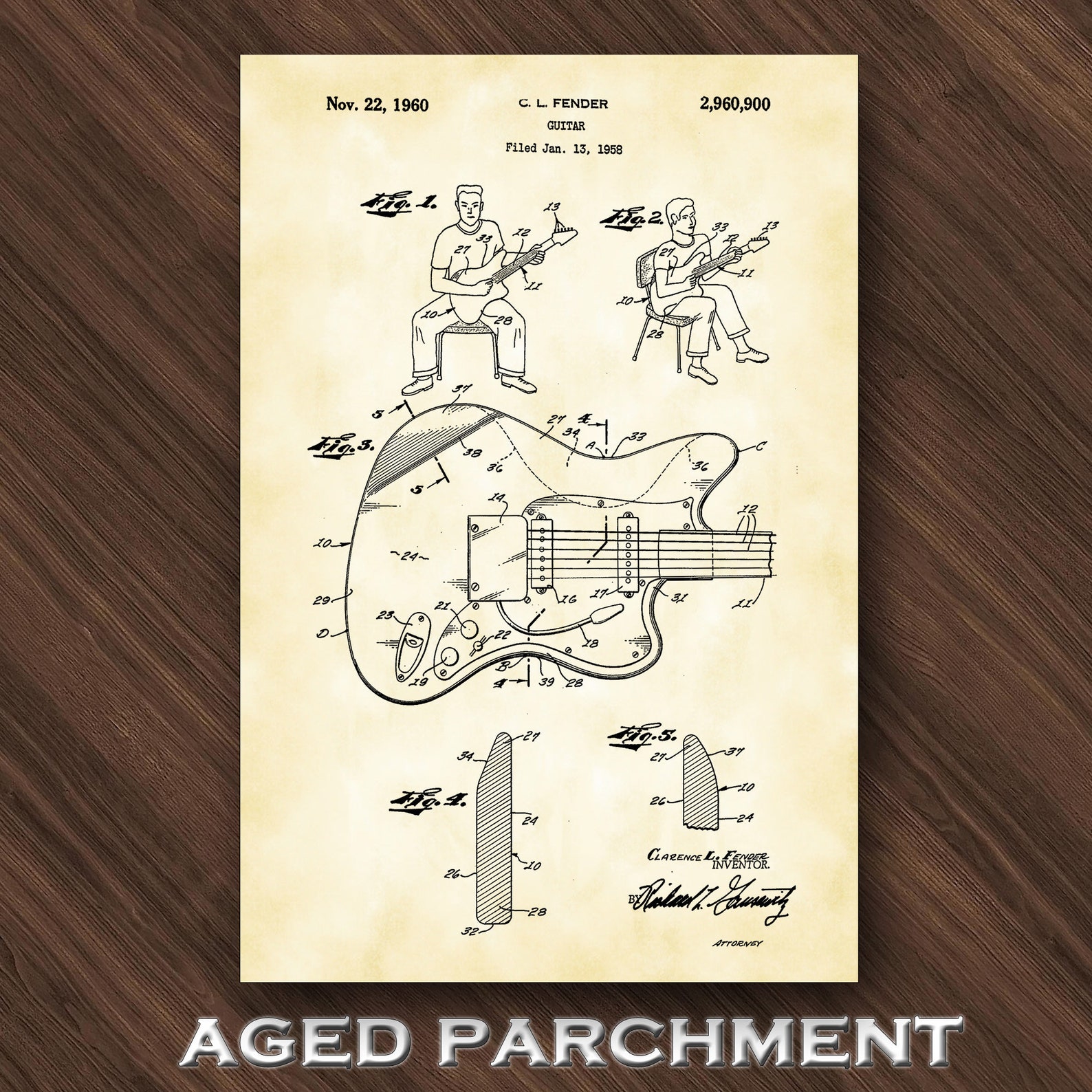 1960 Clarence Fender Poster Guitar Patent Print Electric - Etsy