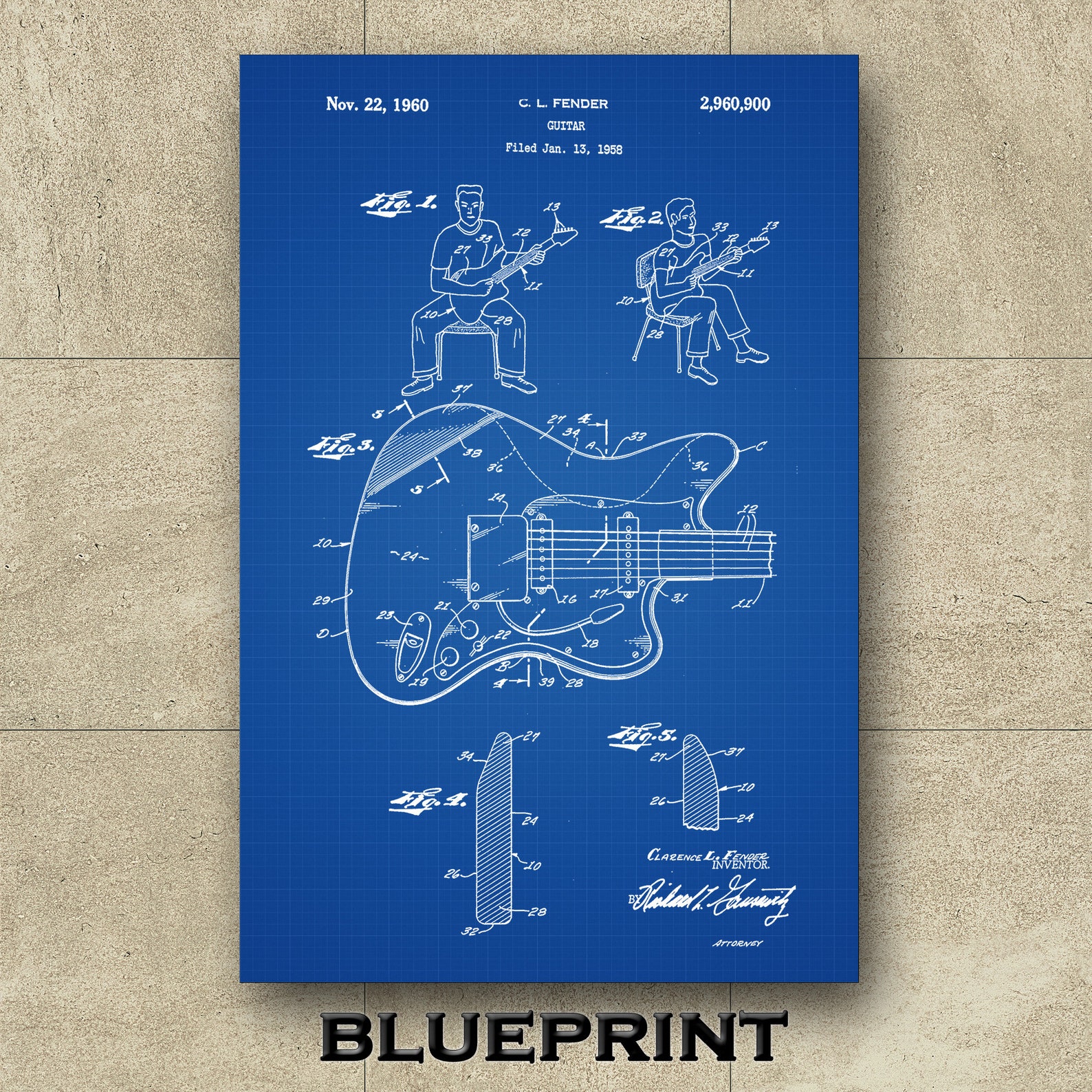 1960 Clarence Fender Poster Guitar Patent Print Electric - Etsy