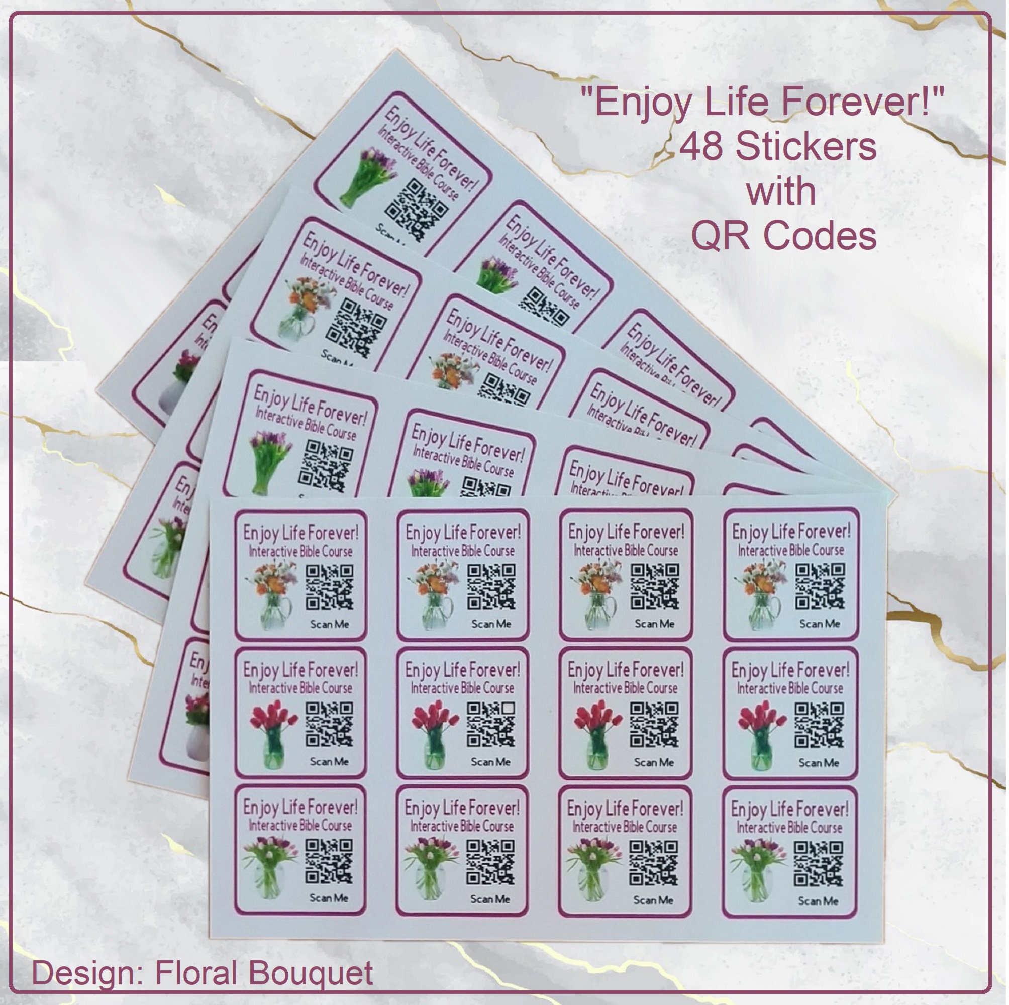 48 X Enjoy Life Forever! Stickers, 'floral Bouquet' Design, With QR ...