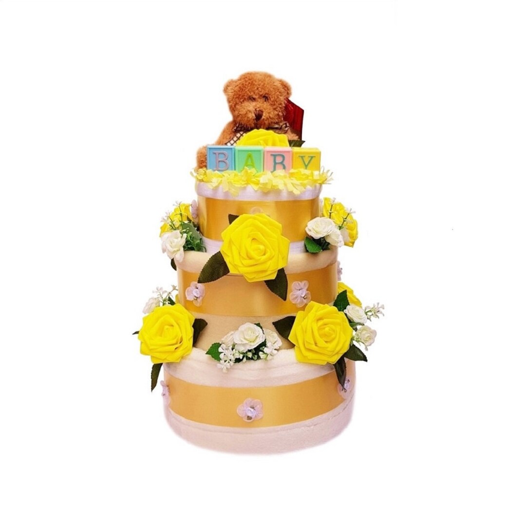 Neutral Nappy Cake, Yellow Baby Shower Gift With Teddy Bear - Etsy UK