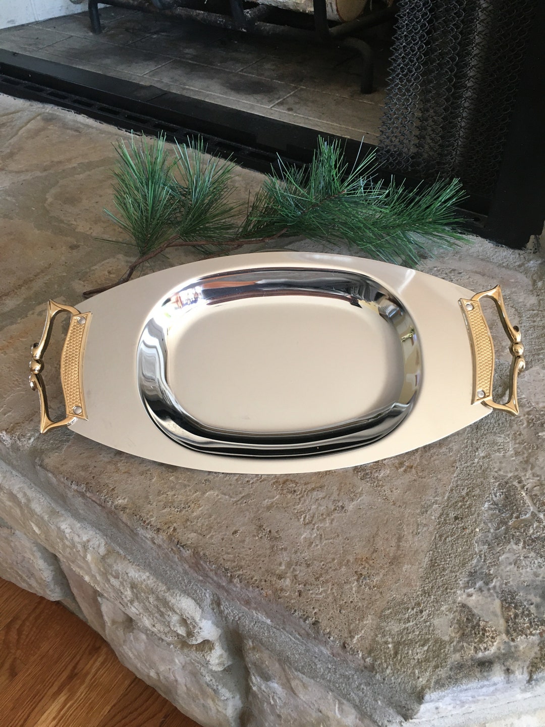 Vintage 14" Kromex Silver Tray With Gold Handles, Mid Century Serving ...