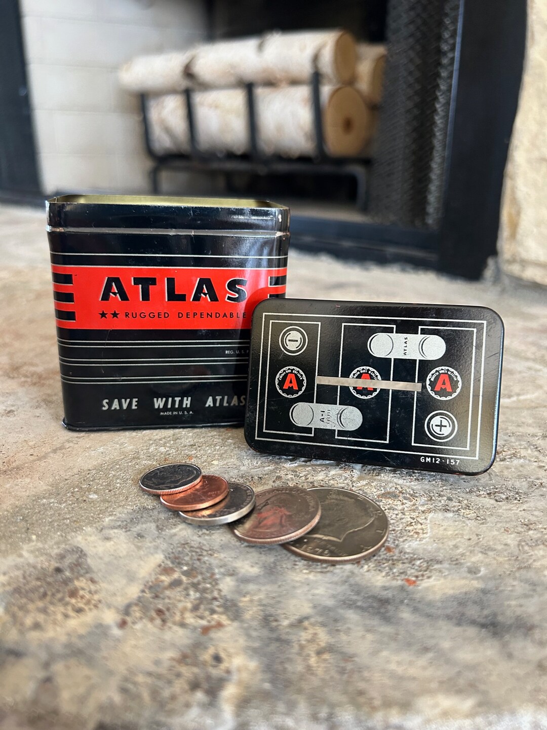 Vintage Atlas Tin Battery Bank, Automotive Advertising Car Battery ...