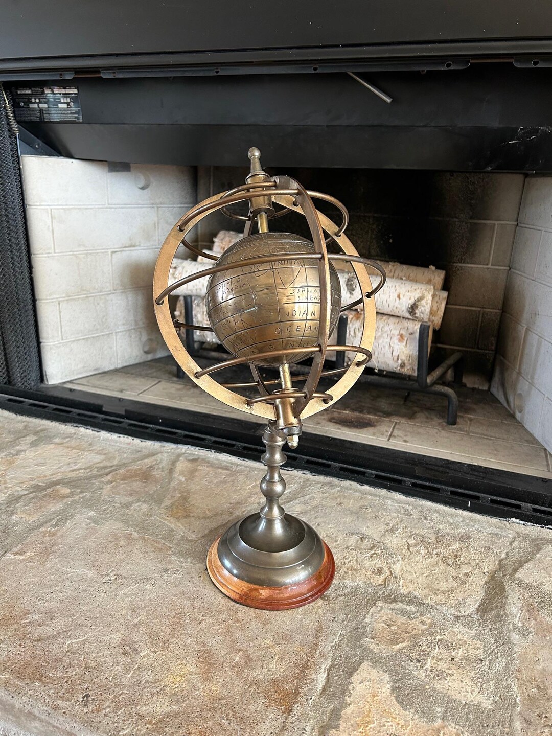 Vintage 17 Armillary Brass World Globe, Caged Globe on Wood Base, 9 ...