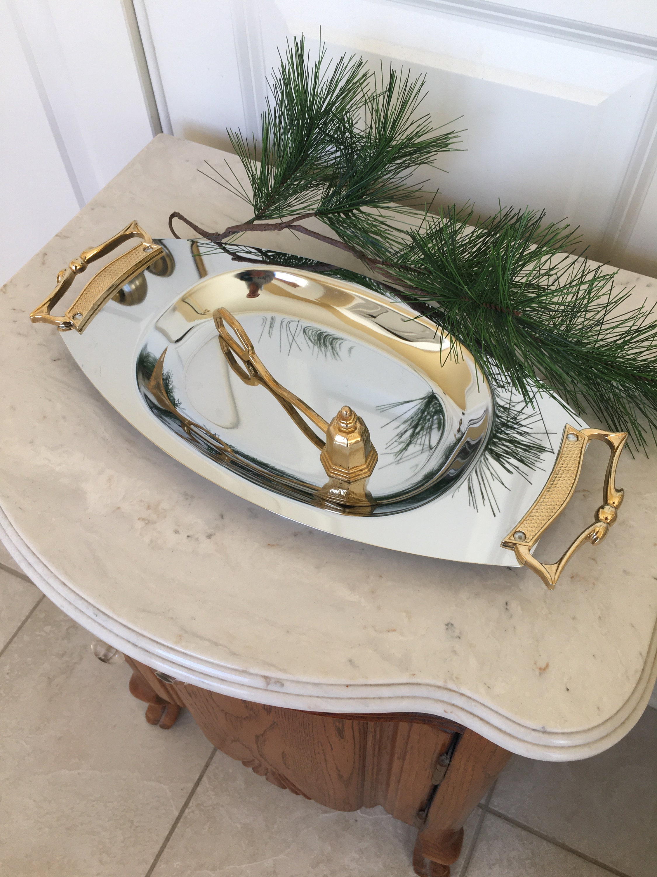 Vintage 14 Kromex Silver Tray With Gold Handles Mid | Etsy