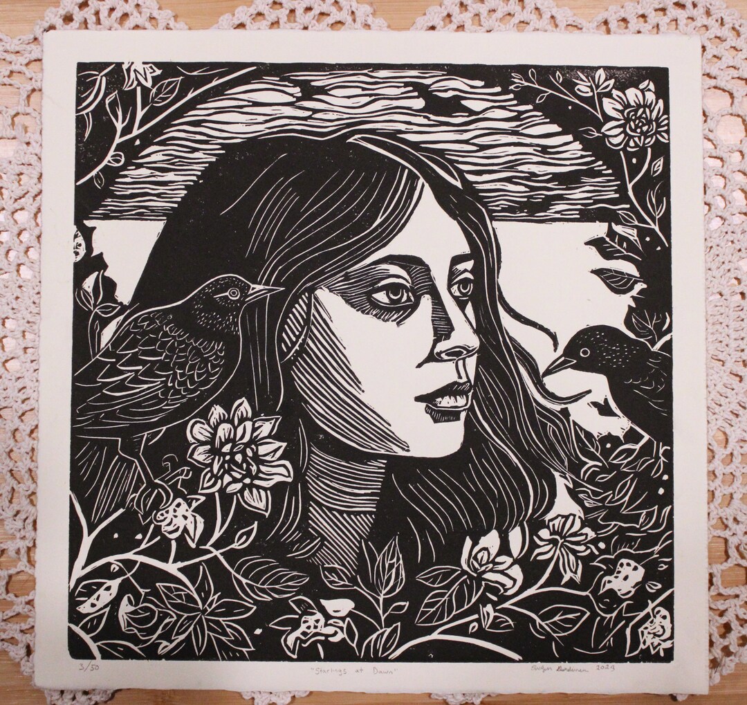 Limited Edition Linocut Print - "starlings at Dawn" - Hand Carved Block ...