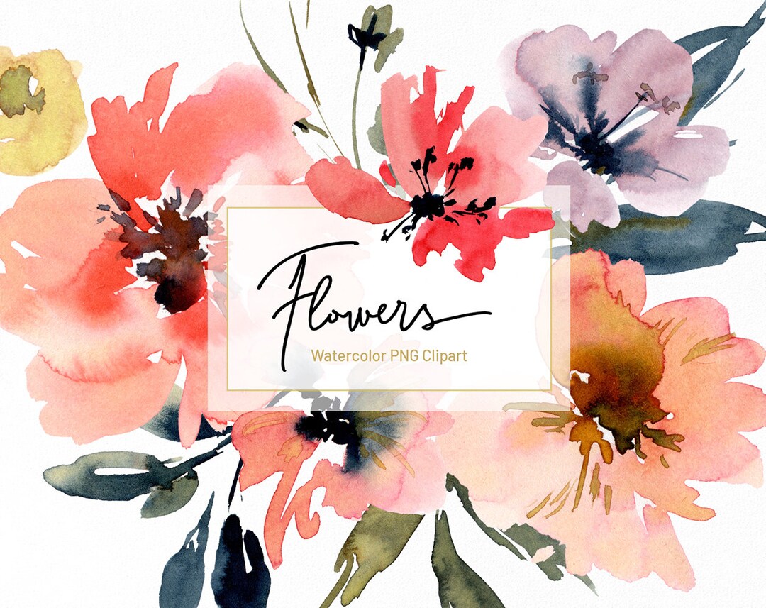 Watercolor Flowers Clipart Red Pink Yellow Boho Retro Vintage Simple ...