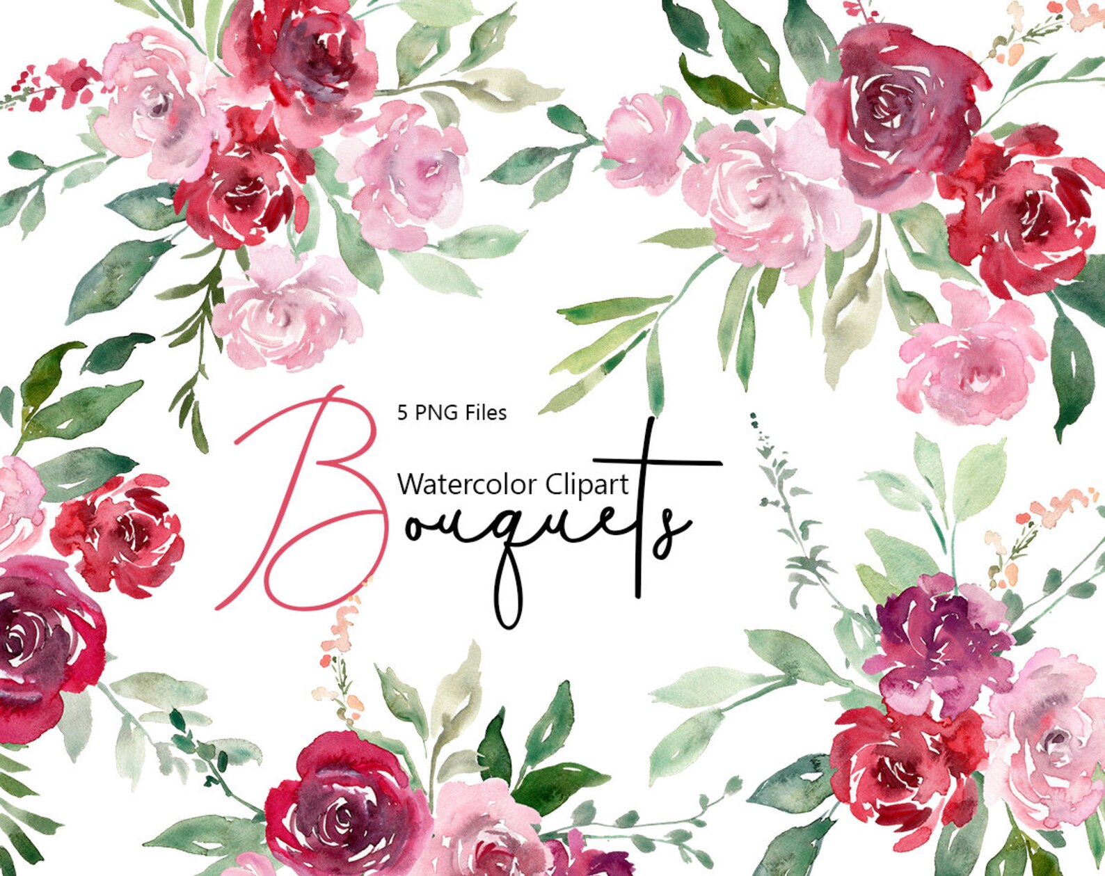 Watercolor Bouquets Floral Clipart Red Pink Flowers Clip Art | Etsy