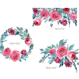 Watercolor Flowers Clipart Teal & Pink Floral Clip Art Digital Download ...