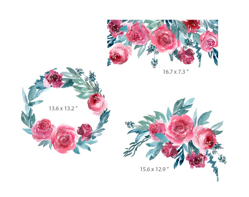 Watercolor Flowers Clipart Teal & Pink Floral Clip Art Digital - Etsy