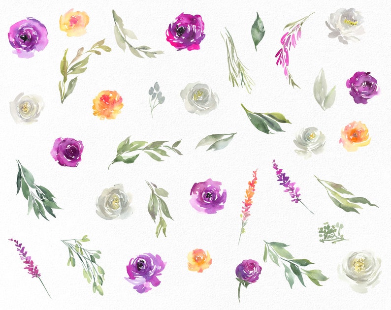 Watercolor Purple White Flowers Clipart Digital Download - Etsy