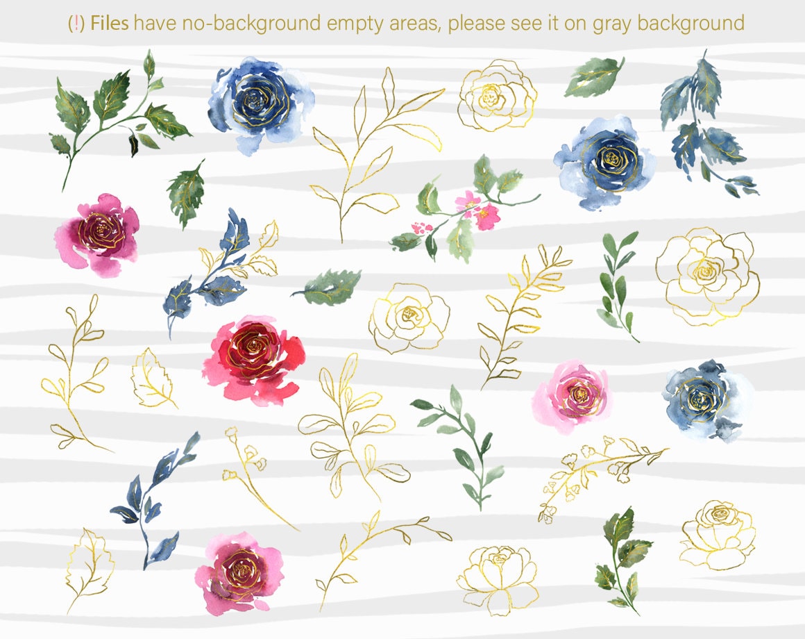 Watercolor Flowers Clipart Blue Red Gold Watercolour Floral - Etsy
