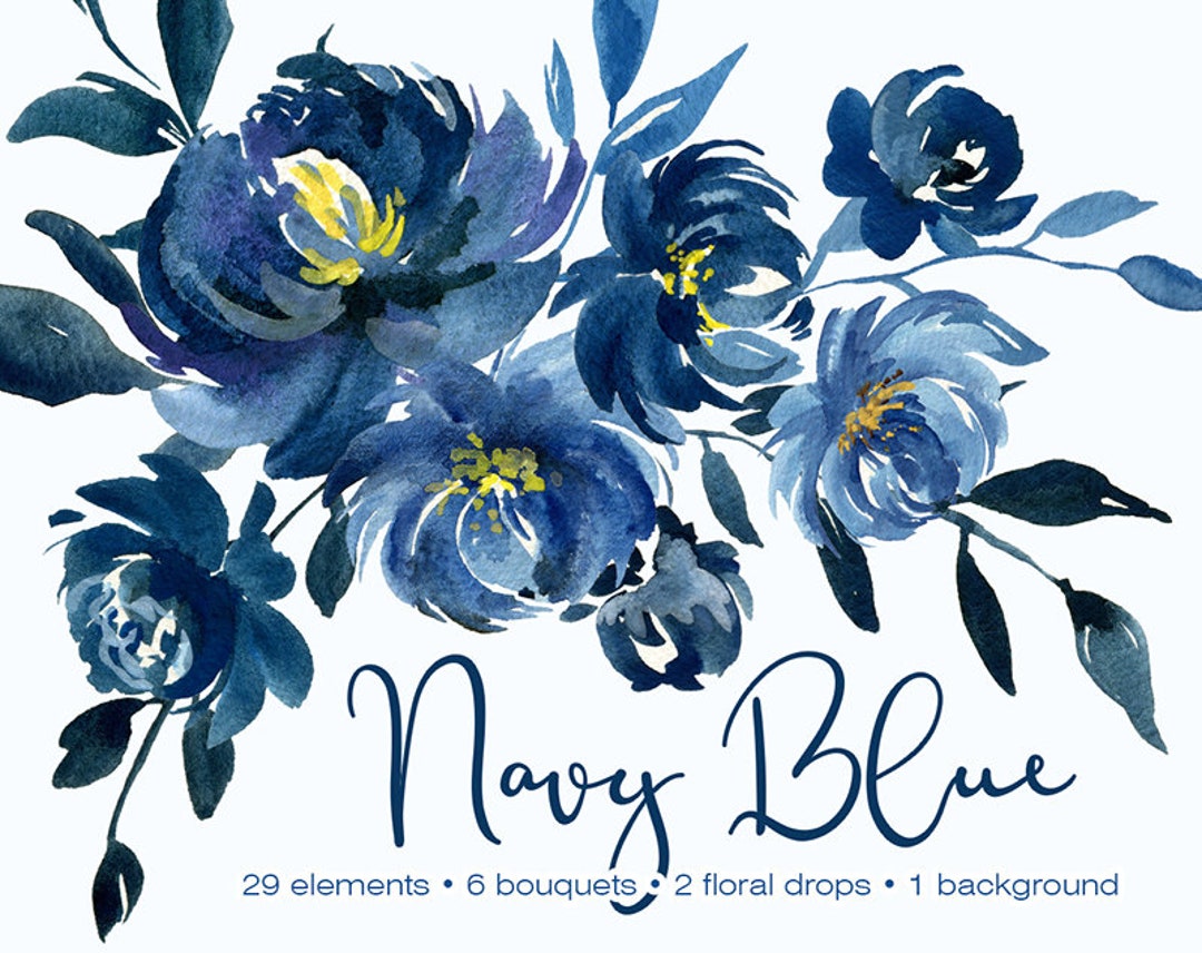 Navy Watercolor Floral Clipart Flowers Wedding Indigo Dark Clip Art ...