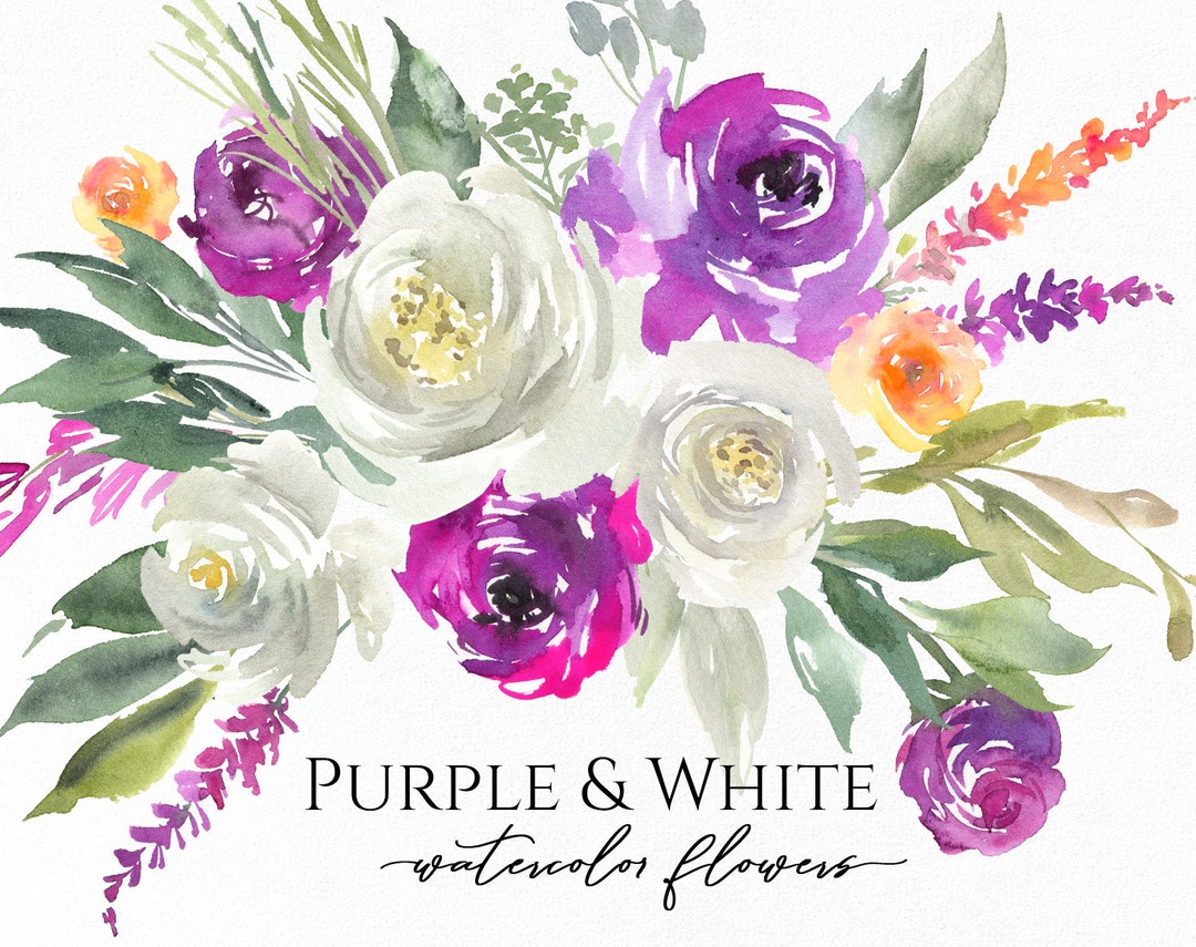 Watercolor Purple White Flowers Clipart Digital Download Bouquet Violet ...