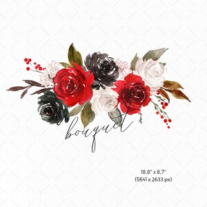 Watercolor Red Black White Flowers Clipart & Gold Branches Roses Floral ...