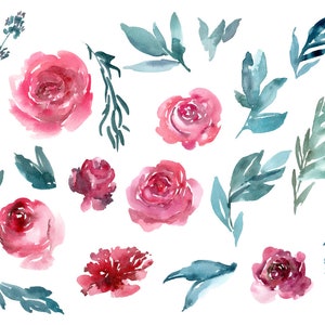 Watercolor Flowers Clipart Teal & Pink Floral Clip Art Digital Download ...
