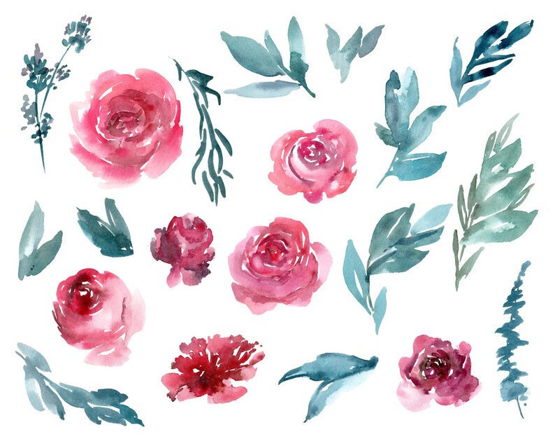 Watercolor Flowers Clipart Teal & Pink Floral Clip Art Digital - Etsy