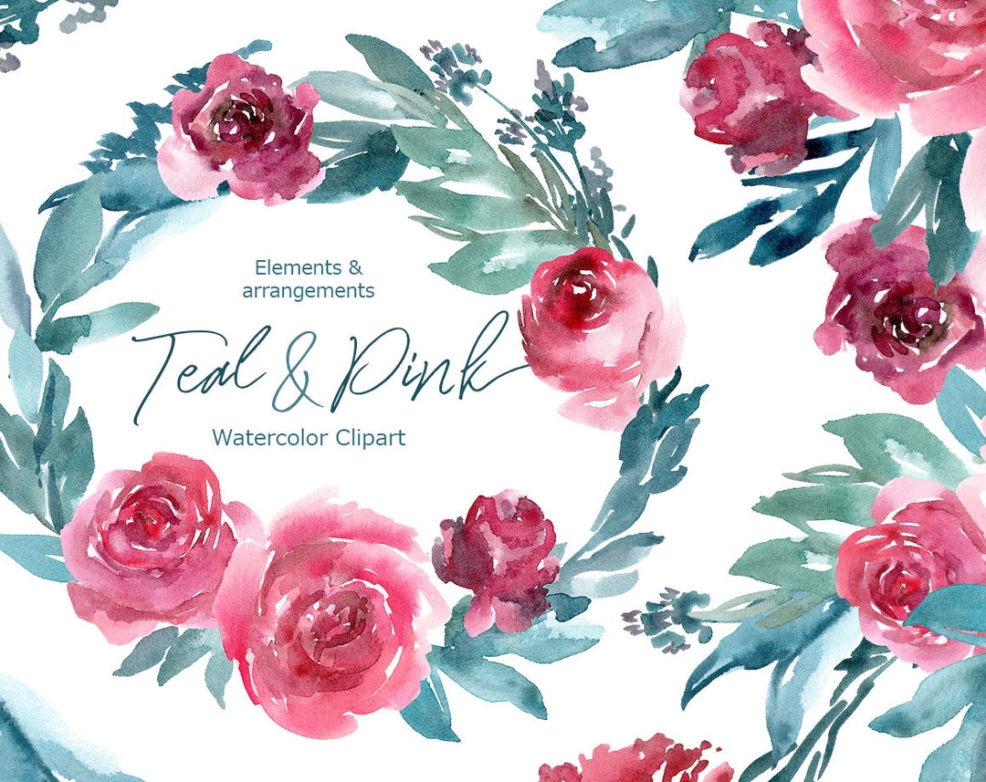 Watercolor Flowers Clipart Teal & Pink Floral Clip Art Digital - Etsy