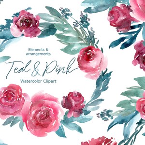 Watercolor Flowers Clipart Teal & Pink Floral Clip Art Digital - Etsy