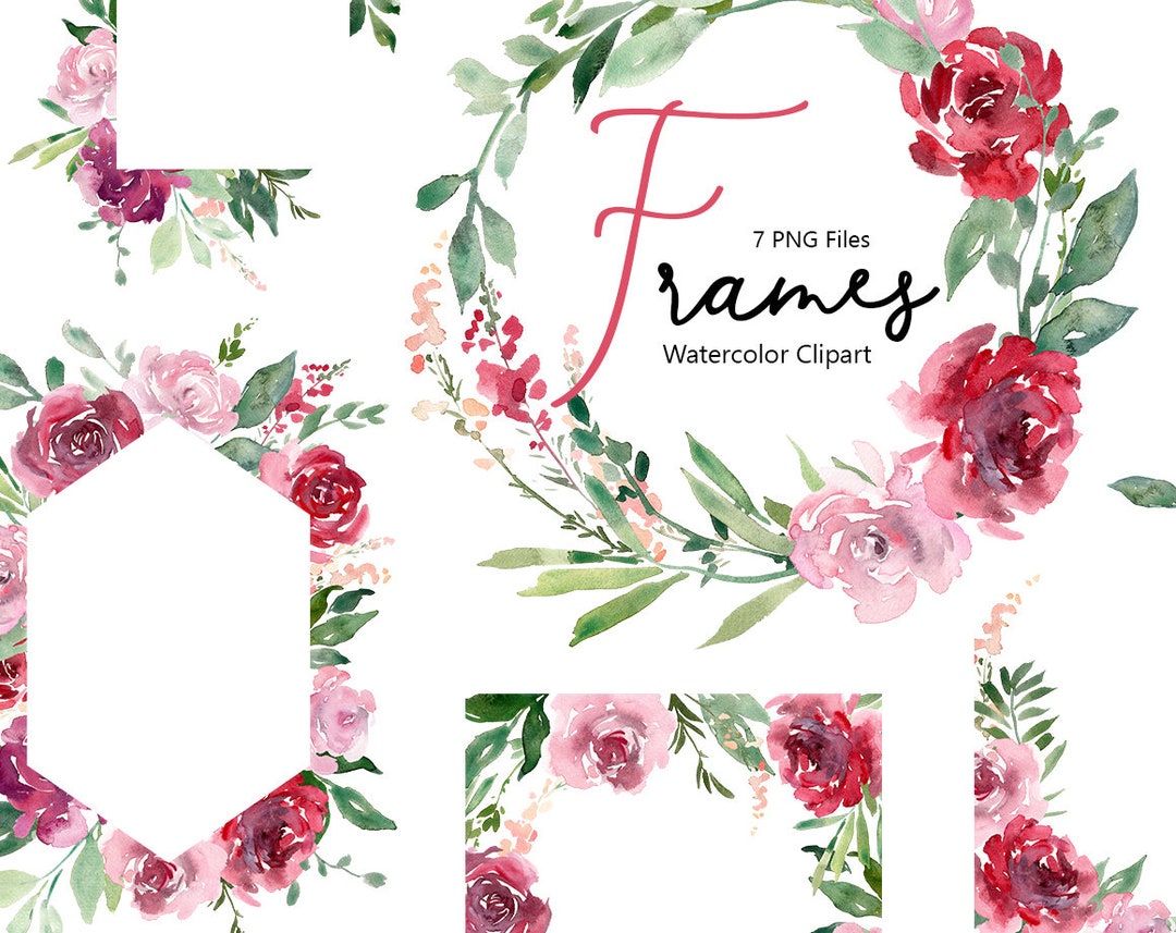 Watercolor Frames Wreath Clipart Flowers Clip Art Red Blush Pink Green ...