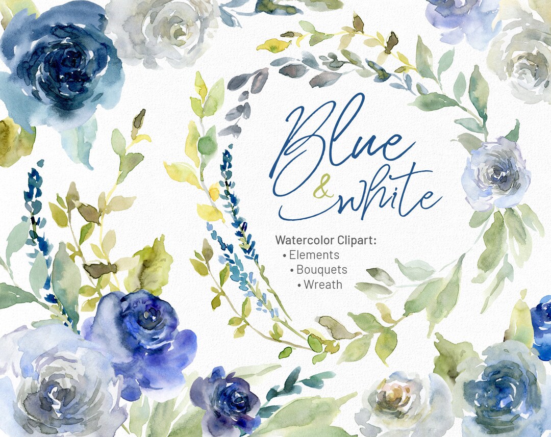 Watercolor Blue White Flowers Clipart Digital Download Floral Clip Art ...