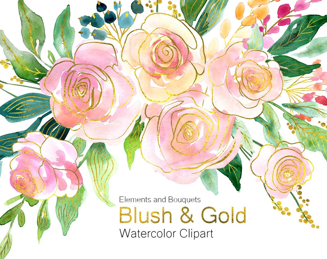 Watercolor Gold Pink Flowers Clipart Golden Blush Roses Floral Clip Art ...