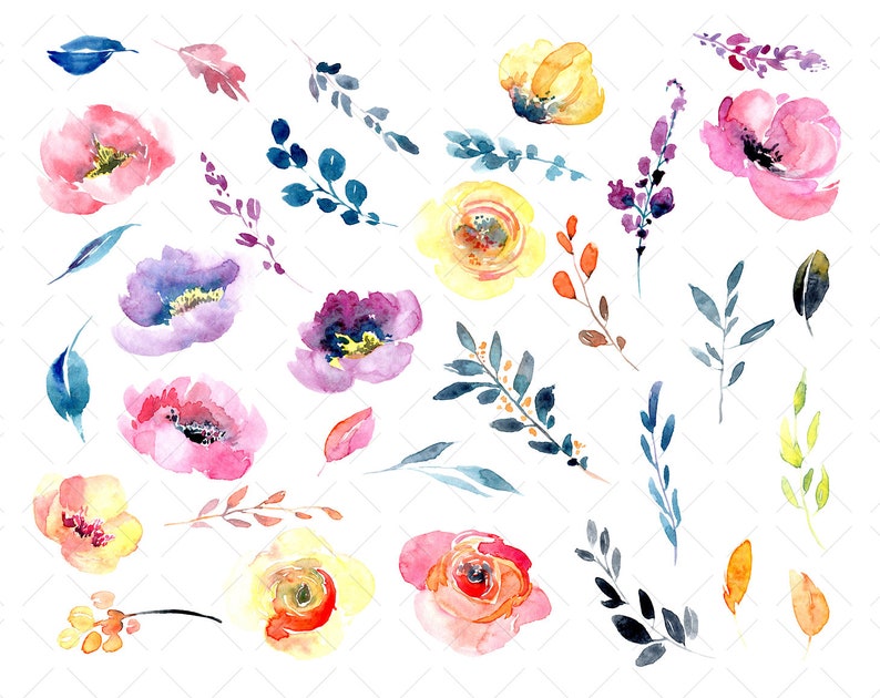 Watercolor Bright Flowers Clipart Elements Bouquets Floral - Etsy