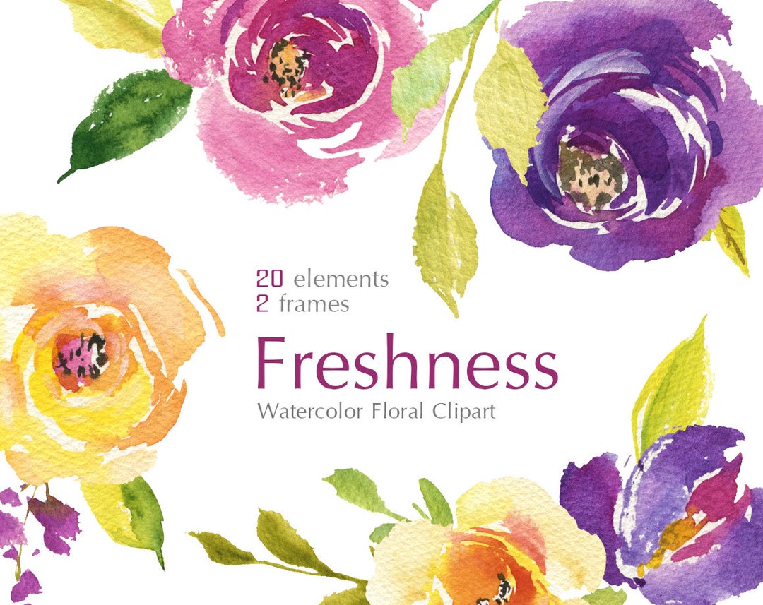 Bright Watercolor Floral Clipart Spring Summer Roses Peony Violet ...