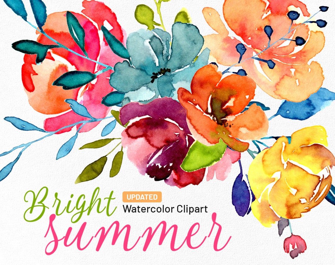 Watercolor Bright Flowers Clip Art Summer Spring Colorful Floral ...