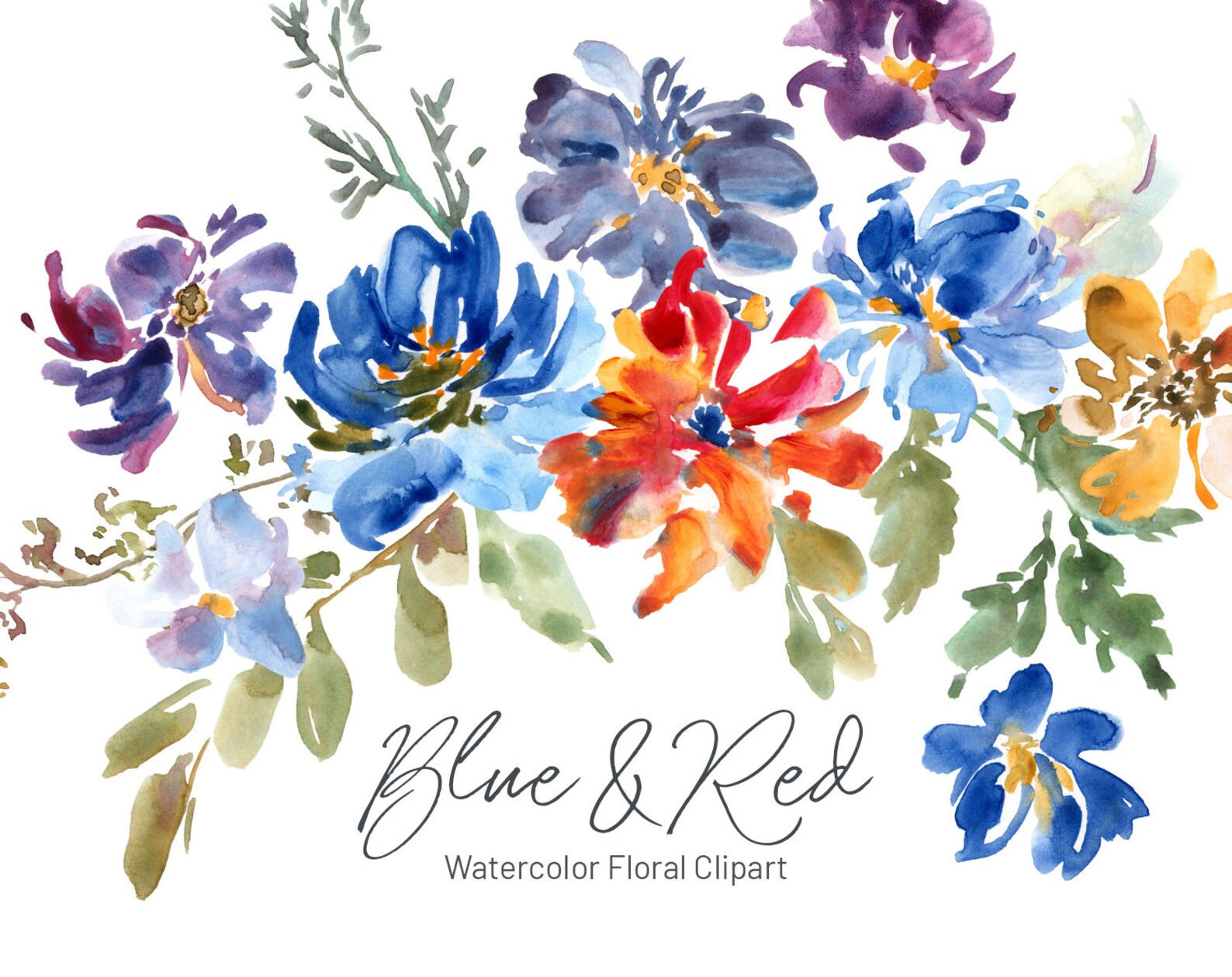 Watercolor Flowers Clipart Blue Red Violet Watercolour Floral | Etsy