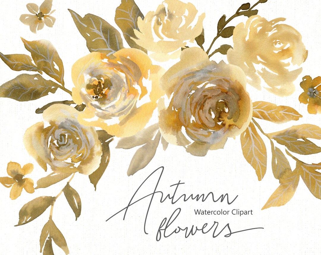 Watercolor Autumn Floral Clipart Yellow Brown Fall Digital Download ...