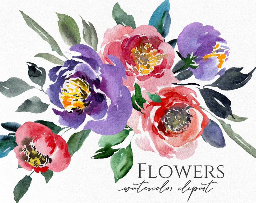 Watercolor Floral Clipart Bright Flowers Leaves Clip Art - Etsy