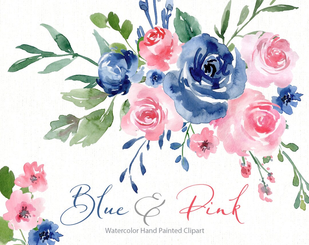 Watercolor Pink Blue Flowers Clipart Indigo Navy Blush Floral Clip Art ...