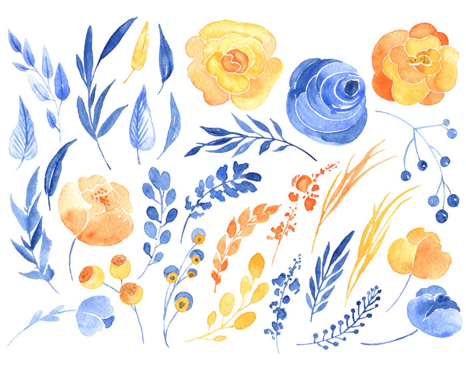 Watercolor Floral Clipart: Indigo Blue Orange Flowers - Etsy