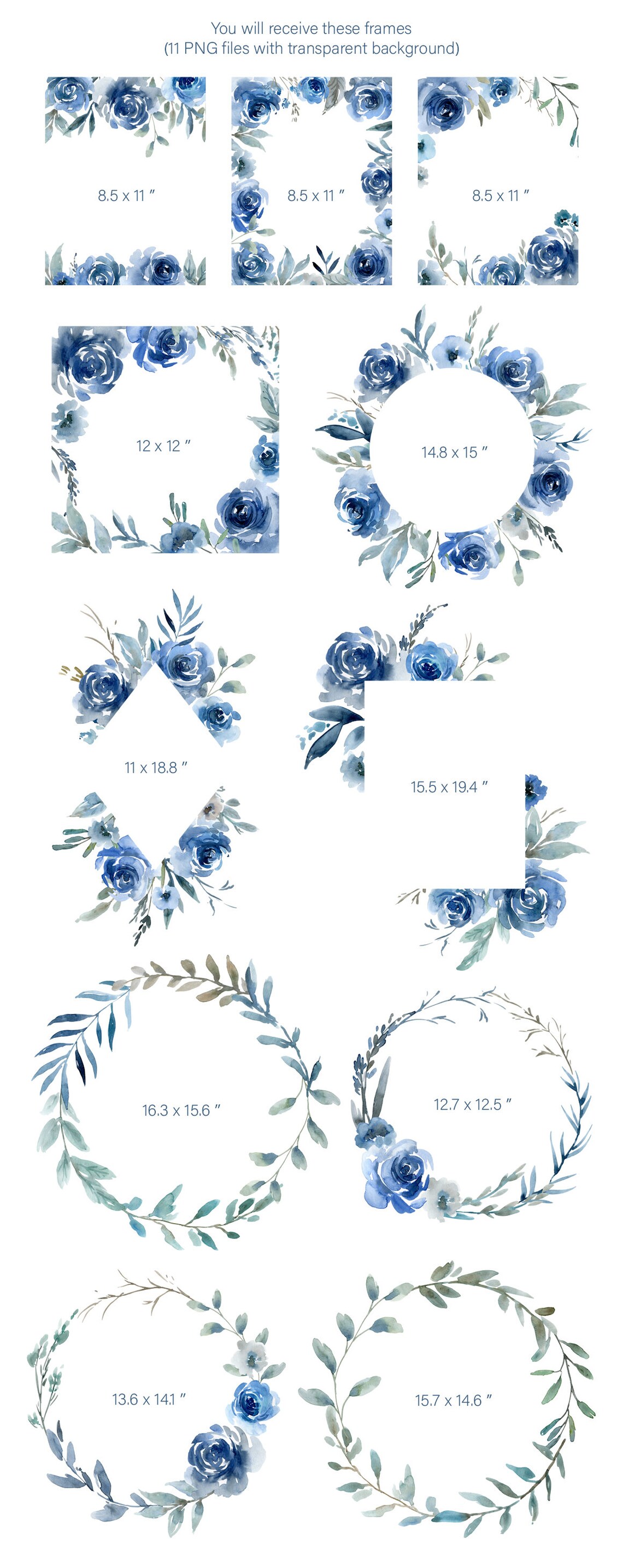 Blue Watercolor Floral Clipart Frames Borders Round Wreaths - Etsy