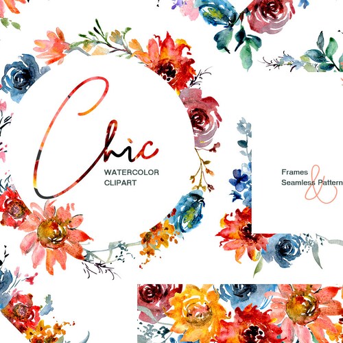 Teal Rust Orange Watercolor Flowers Clipart Floral Clip Art - Etsy