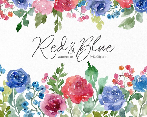 Watercolor Floral Clipart Summer Red Purple Pink Blue Indigo - Etsy