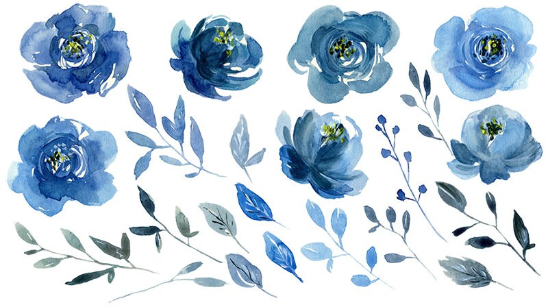 Watercolor Blue Flowers Clipart Indigo Navy Sapphire Roses - Etsy UK