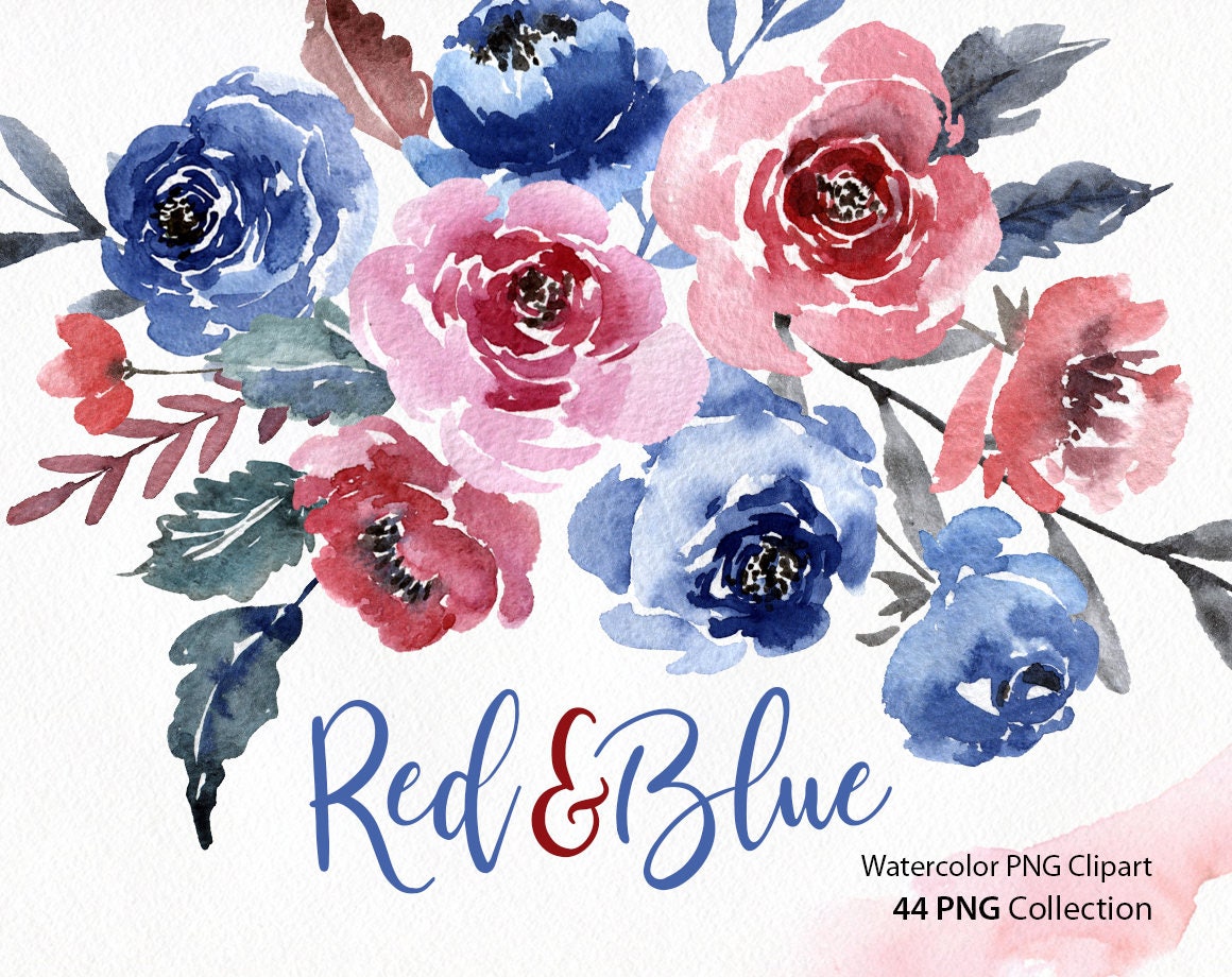 Watercolor Flowers Clipart Red & Blue Bright Floral Clip Art - Etsy ...