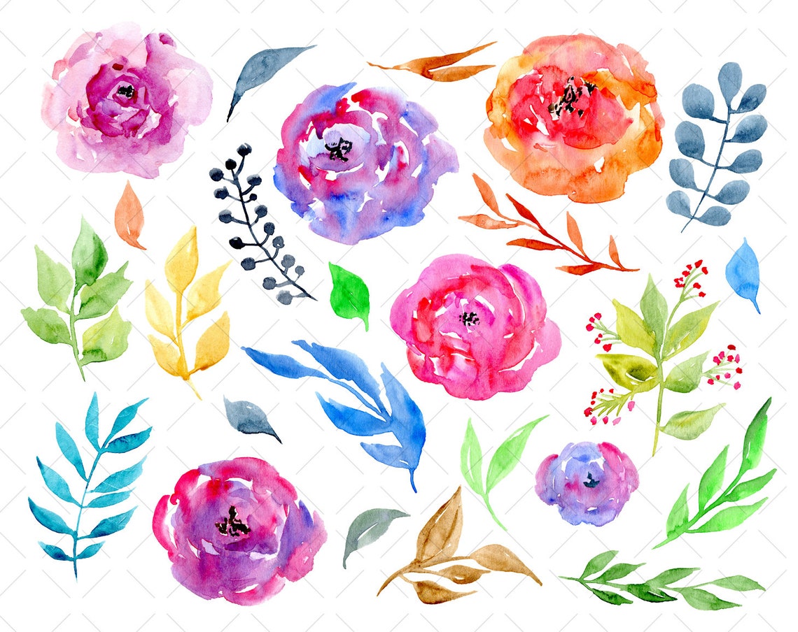 Watercolor Floral Clipart Bright Summer Spring Flowers Clip - Etsy