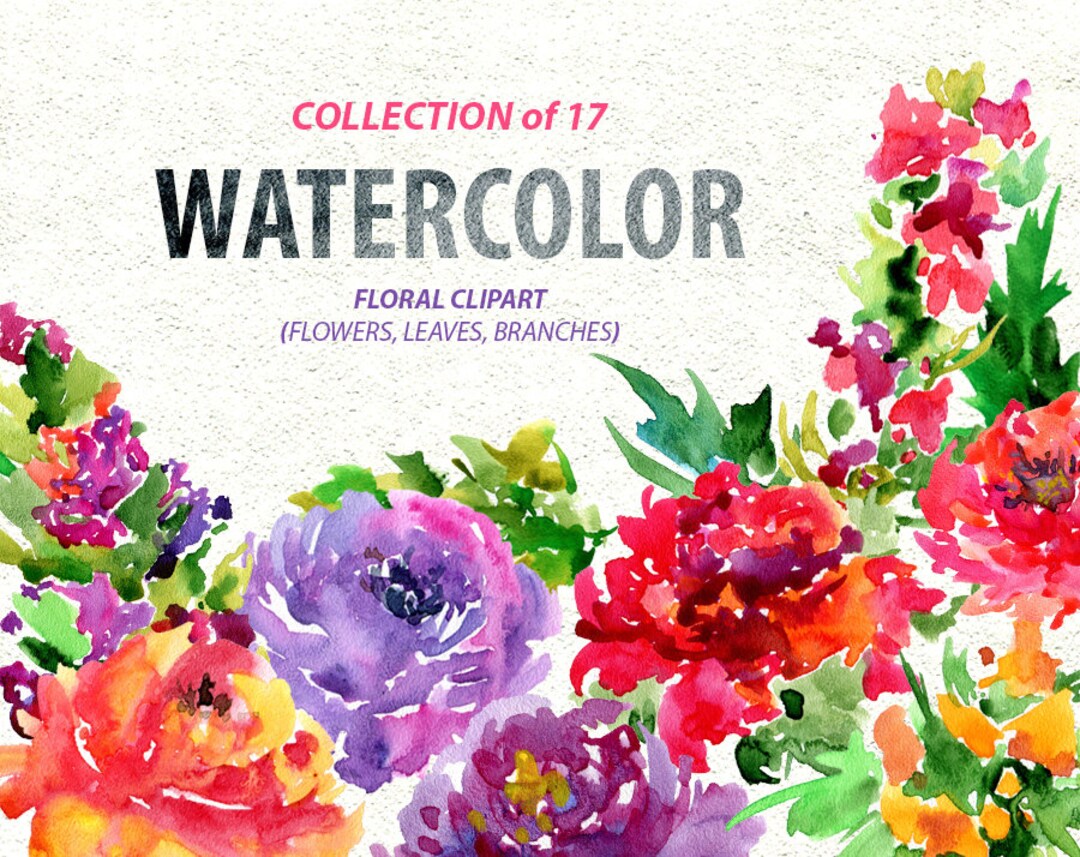 Watercolor Floral Clipart: 17 Bright Flowers, Leaves, Boho Aquarelle ...