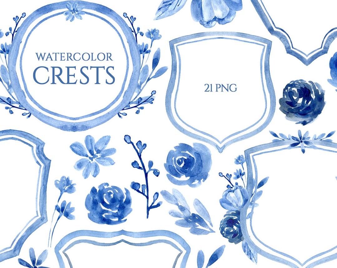 Watercolor Blue Crests Shapes Frames Flowers Clipart Hand Painted ...