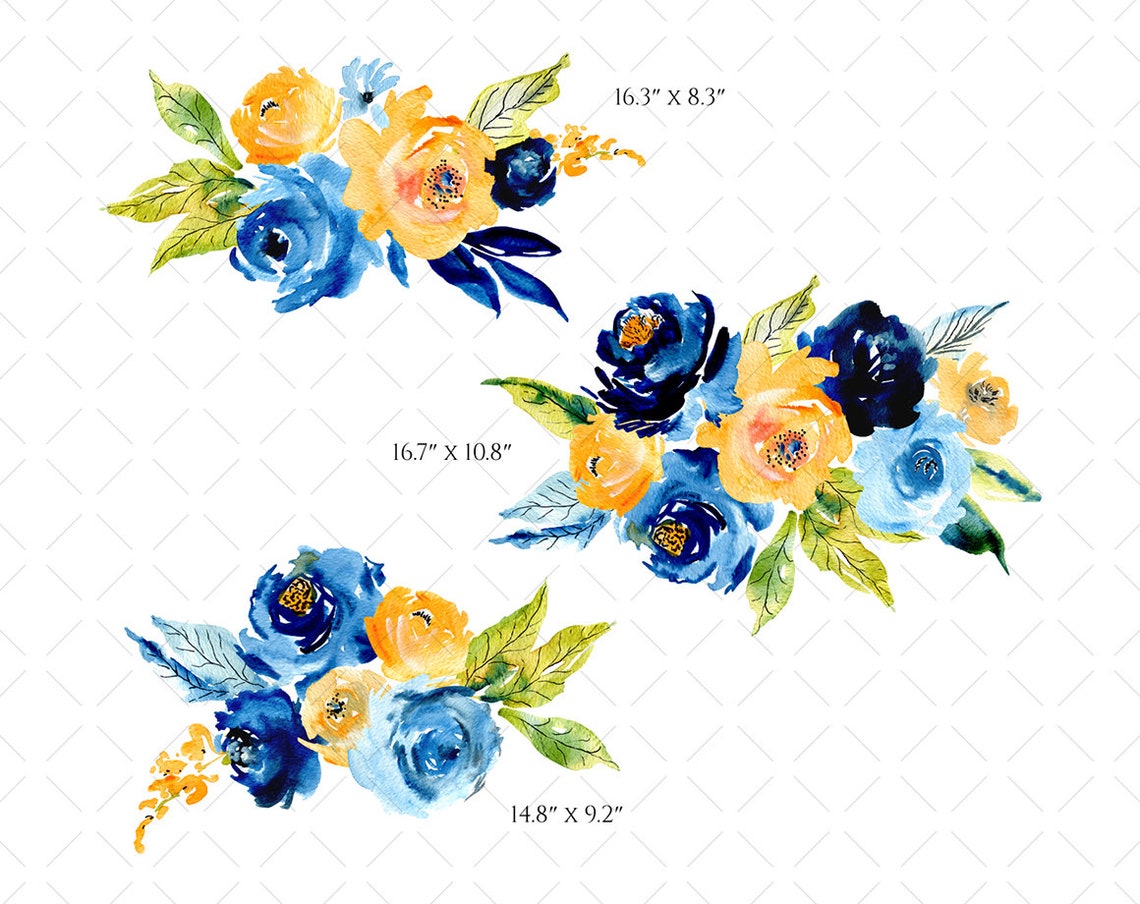 Watercolor Bright Blue Orange Flowers Clipart Png Floral Clip - Etsy