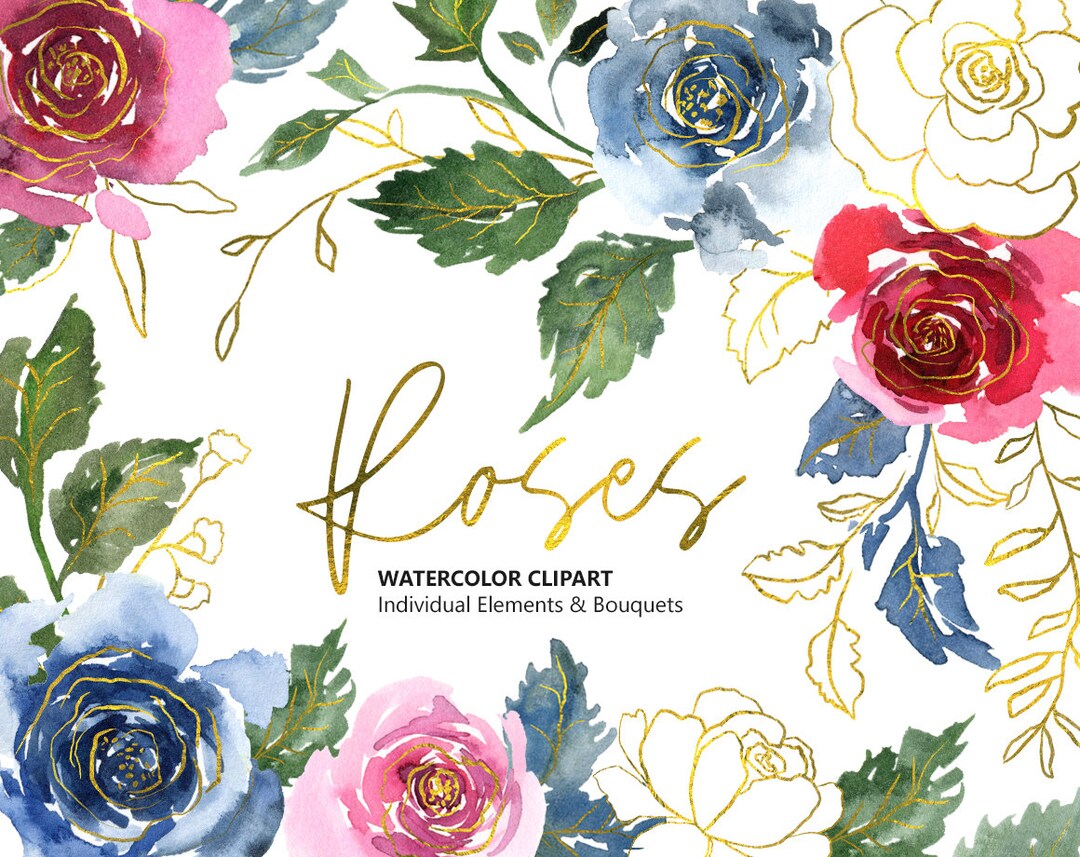 Watercolor Flowers Clipart Blue Red Gold Watercolour Floral Clip Art ...