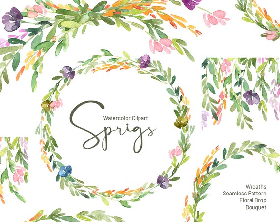 Watercolor Greenery Sprigs Clipart Green Herbs Wild Flowers - Etsy