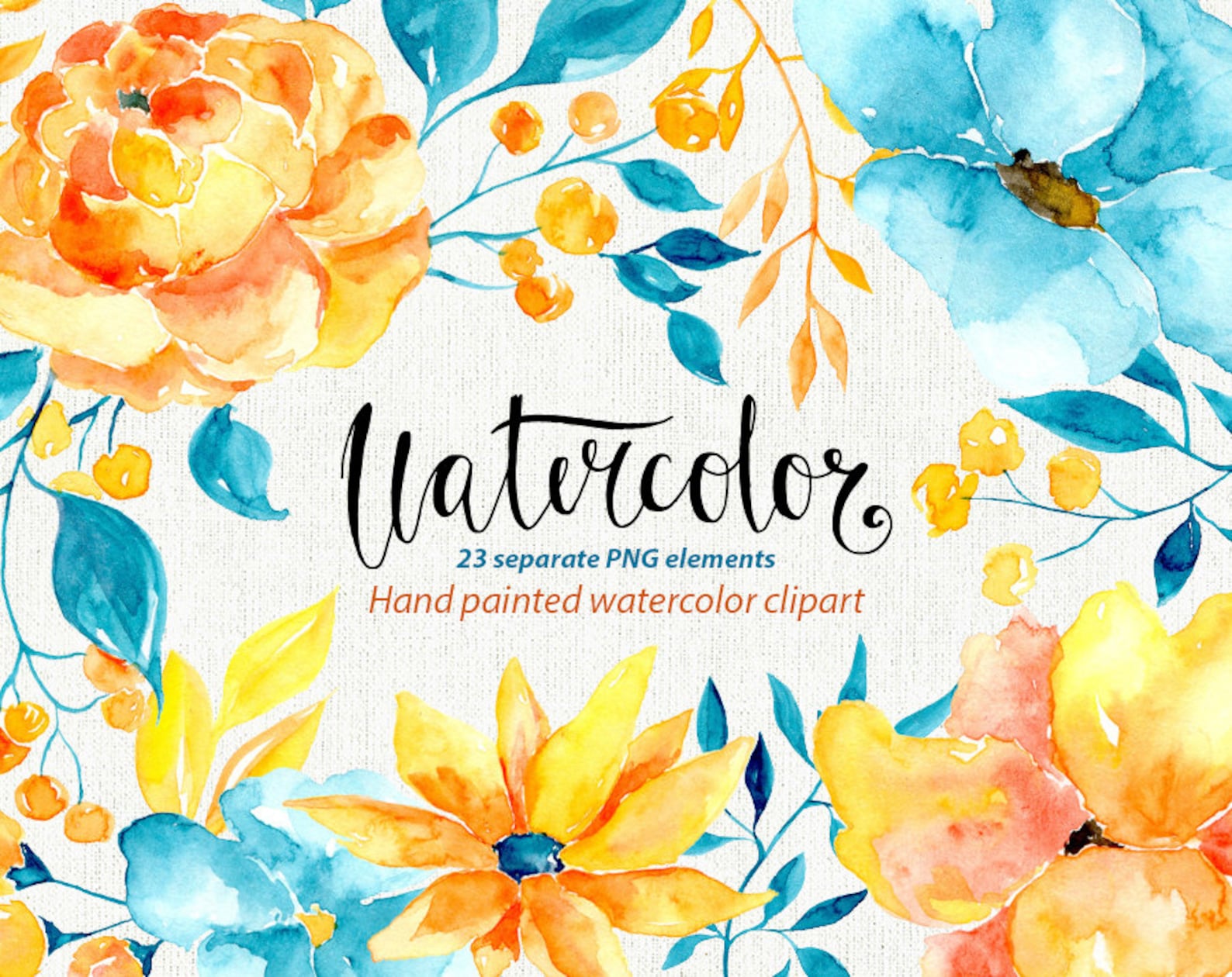 Watercolor floral clipart blue yellow brown flowers Aquarelle | Etsy