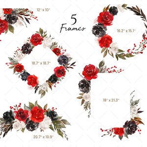 Watercolor Flowers Frame Wreath Clipart Red Black White Rose Floral ...